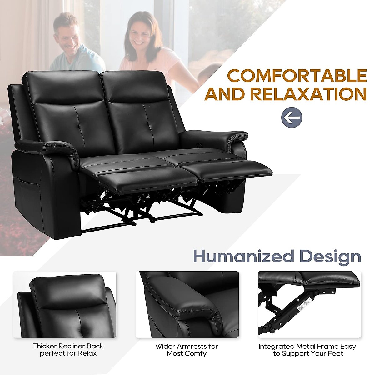 B BAIJIAWEI RV Loveseat Recliner | Double Recliner RV Sofa | RV Theater Seats |RV Theater Seating | RV Furniture, Manual Recliner Chair | RV Recliner Loveseat with Heat and Massage (Black)