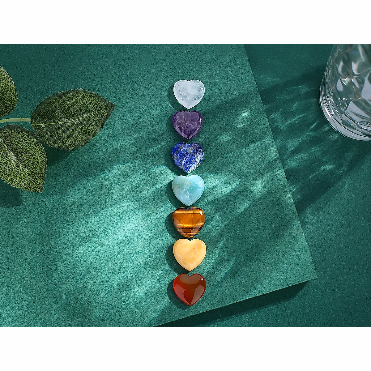 7 PCS Chakra Heart Crystals Pocket Natural Stones Polished Amethyst Palm Assorted Healing Crystal Love Shaped Gemstones 0.8" Set Reiki Energy Balancing Meditation Mother's Day Gift