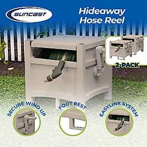 Suncast 100 Foot Capacity Hideaway Garden Hose Reel for 1.9 inches Hose Outdoor Storage with Stay Up Lid and Crank Handle, Taupe 2 Pack