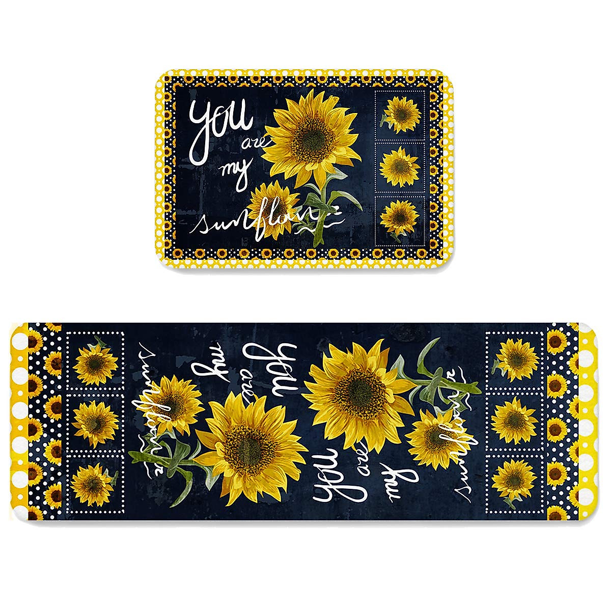 Sunflower Kitchen Rugs and Mats Set of 2 Area Runner Farm Floral Floor Bath Rugs Comfort Soft Standing Doormat Non Slip Carpet Black and Yellow