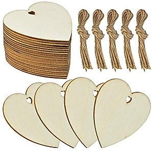 obmwang 50 Pieces 3" Natural Heart Wood Slices, DIY Wooden Ornaments Unfinished Predrilled Wooden Heart Embellishments with Natural Twine for Valentine's Day, Wedding, Thanksgiving, Christmas