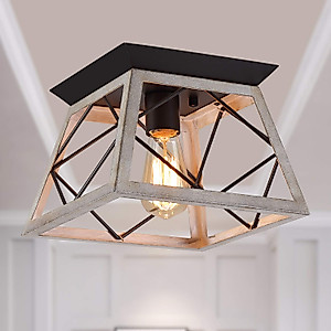 Q&S Rustic Farmhouse Ceiling Light Fixture Flush Mount Vintage Ceiling Lights for Hallway Entryway Kitchen Dining Room Bedroom,Wrought Iron Oak White and ORB 1 Light E26