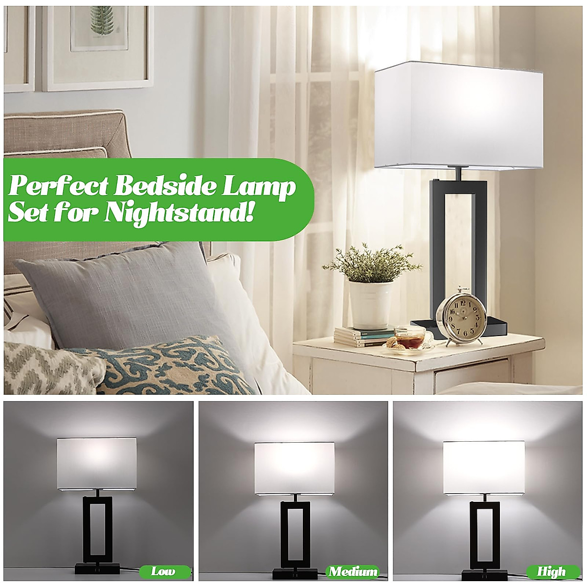 MoMyofdy White& Black Table Lamp Set of 2 Touch Control Lamps 3-Way Dimmable Bedroom Bedside Nightstand Lamps w/USB Ports Modern Table Lamp for Living Room End Table Office, 22’’ Tall, Daylight