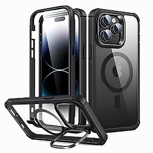 ESR for iPhone 14 Pro Case with Stand, Compatible with MagSafe, Full-Body Military-Grade Drop Proof Case with Built-in 9H+ Tempered Glass Screen Protector, Armor Series, Clear Black