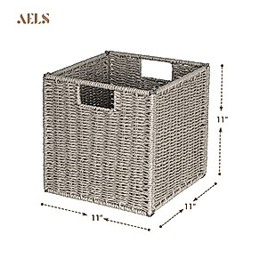 AELS Woven Baskets for Storage, Natural Hand-woven Storage Baskets for Organizing, Cubby Cubes Storage Bins for Shelves, 11" Modern Farmhouse Square Storage Cubes with Handles, Dark Gray, 2 Pack