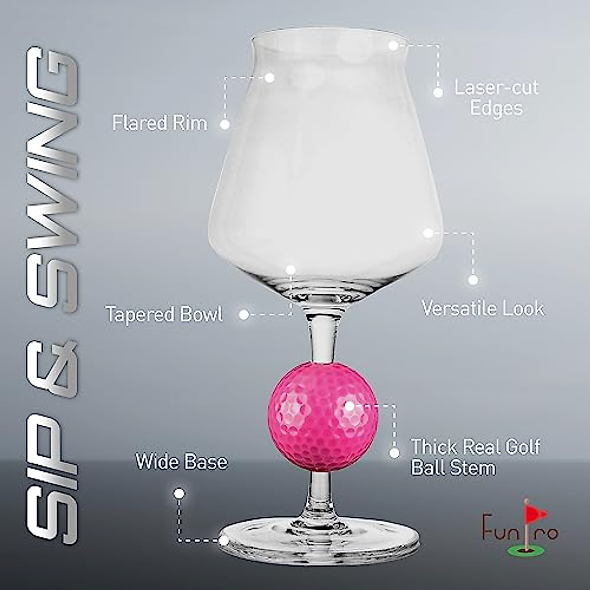 FunPro Crystal Wine Glass with Real Golf Ball - Set of 2, Patent Pending, Hand Blown Premium Genuine Crystal Clear Wine Glass, Modern Long Stem White & Red Wine Glass for Party, Wedding & Home, Pink