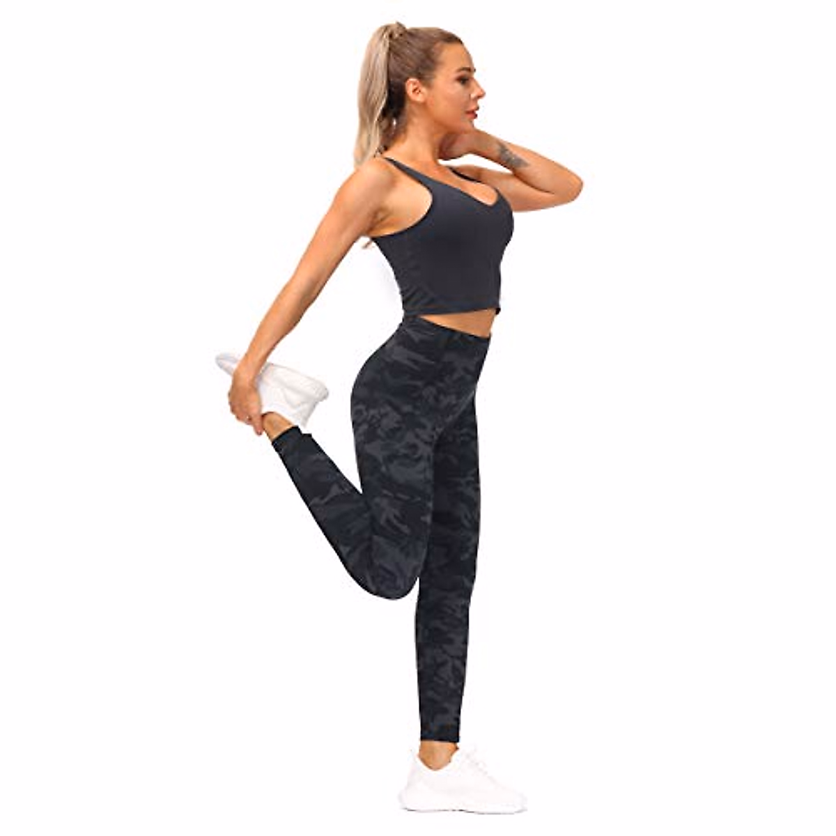 THE GYM PEOPLE Tummy Control Workout Leggings with Pockets High Waist Athletic Yoga Pants for Women Running, Fitness (BlackGrey Camo, Large)