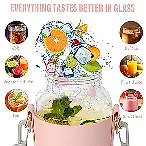 Sursip 42 oz Glass Water Bottle - Aesthetic Water Bottle with Straw/Lid/Handle/Sleeve - Reusable Sport Clear Glass Drinking Bottle for Daily, Workout, Outdoors, School, Work - Khaki