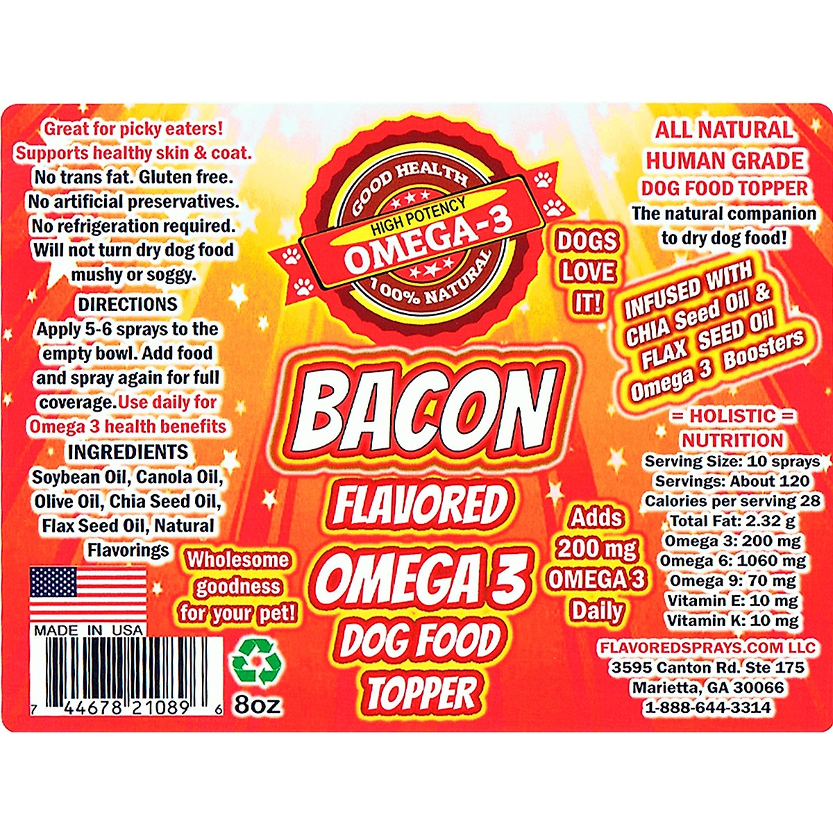 Flavored Sprays Bacon and Duck Flavored Omega 3 Spray. Made in The USA. All Natural Ingredients