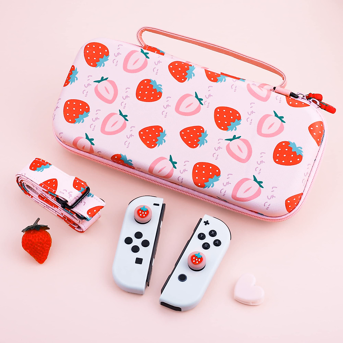FANPL Carrying Case for Nintendo Switch and Switch OLED Accessories, Pink Strawberry Travel Case Bundle with Adjustable Shoulder Strap, Thumb Grips, Hard Switch Protective Case Cover Anti-scratch