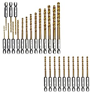 amoolo Hex Shank Drill Bit Set Combo 16Pcs (1/16"-1/4") + 10Pcs 1/8", Premium 4341 HSS Titanium Quick Change Impact Hex Drill Bits for Wood, Steel, Metal, Plastic