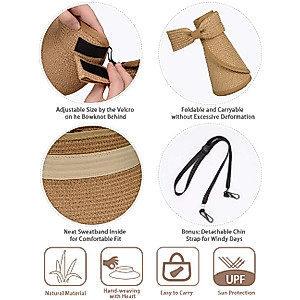 MAYLISACC Straw Sun Visor Hats for Women UPF50+ with Large Wide Brim, UV Protection Packable Floppy Beach Sun Hat Vicera Mujer Khaki