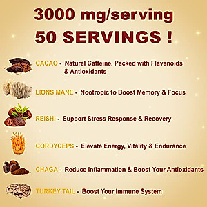 Cacao Magic | Superfood 5 Mushroom Blend for Focus, Mental Clarity & Energy | Lions Mane, Reishi, Chaga, Cordyceps, Turkey Tail | Smoothie, Hot Chocolate, Coffee Alternative (50 Servings)