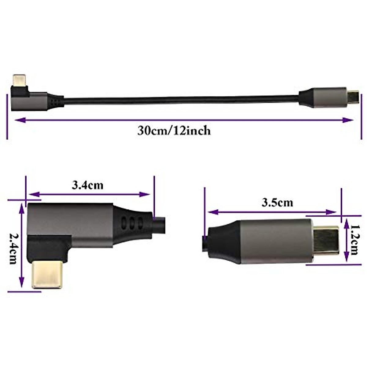AAOTOKK 90 Degree USB 3.1 Type c to Type C Cable 60W&3A Right & Left Angled 3.1 USB Type C Male Extension Cable Supports Charging,Data,Audio,Video Cable for Laptop&Tablet&Mobile Phone.(0.3M/1Ft)