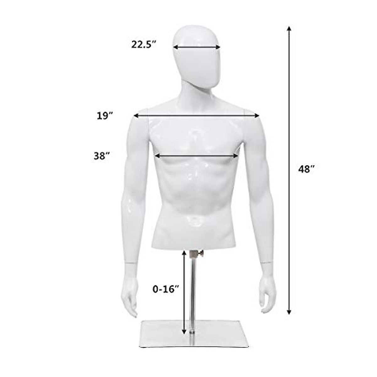 Giantex Male Mannequin Torso Adjustable Height Detachable Arms Dress Form Display w/ Metal Stand, Bright White