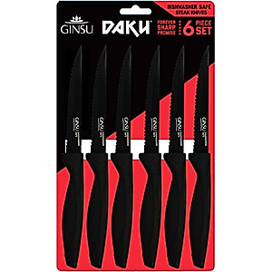 GINSU Daku Series Dishwasher Safe, Fade Resistant, Black Ceramic Coated, 6 Piece Steak Knife Set (DAK-KB-DS-006-1), 4.5 inches