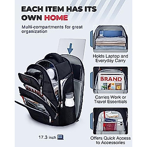 BAGSMART 45L Travel Laptop Backpack, TSA 17.3 Inch Laptop Backpack Flight Approved Black Travel Backpack with USB Charger Hole, Water Resistant College Computer Backpack Business Weekender Bag, Black