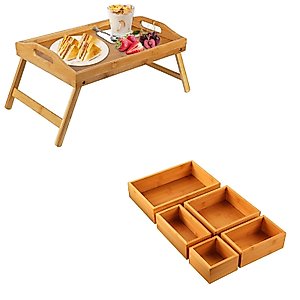 Bamboo Bed Tray Table with Foldable Legs & 5-Piece Bamboo Drawer Organizer Set