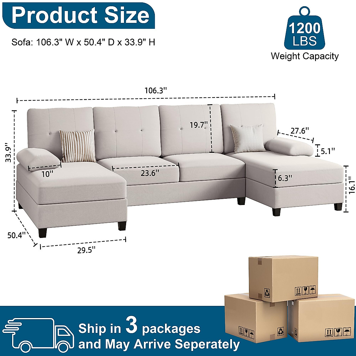 SUNLEI 106" Sectional Sofa Couches for Living Room, 4 Seat U-Shaped Sofa Couch with Linen Fabric and Double Chaises, Modern Living Room Furniture Sets for Apartment, White