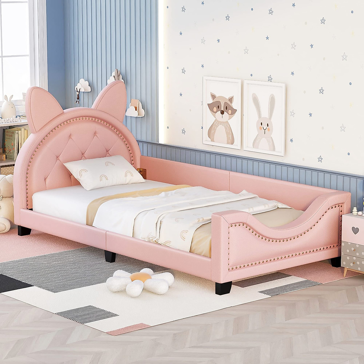CNANXU Twin Size Upholstered Daybed with Bunny Ears/Mouse Ears Headboard, Bed Frames for Boys,Girls,Teens, Platform Bed for Bedroom,Mattress Base,No Box Spring Needed (Bunny Ears Pink)