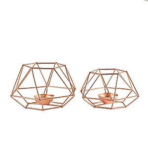 TABLECLOTHSFACTORY Set of 2 Rose Gold Metal Hexagon Top Geometrical Tealight Candle Holders Flower Vase - 4"|3"