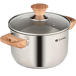 Daniks Oslo Stainless Steel Stock Pot with Glass Lid | Induction 2 Quart | Dishwasher Safe Pot | Heatproof Handles | Soup Pasta Stew Pot | Silver