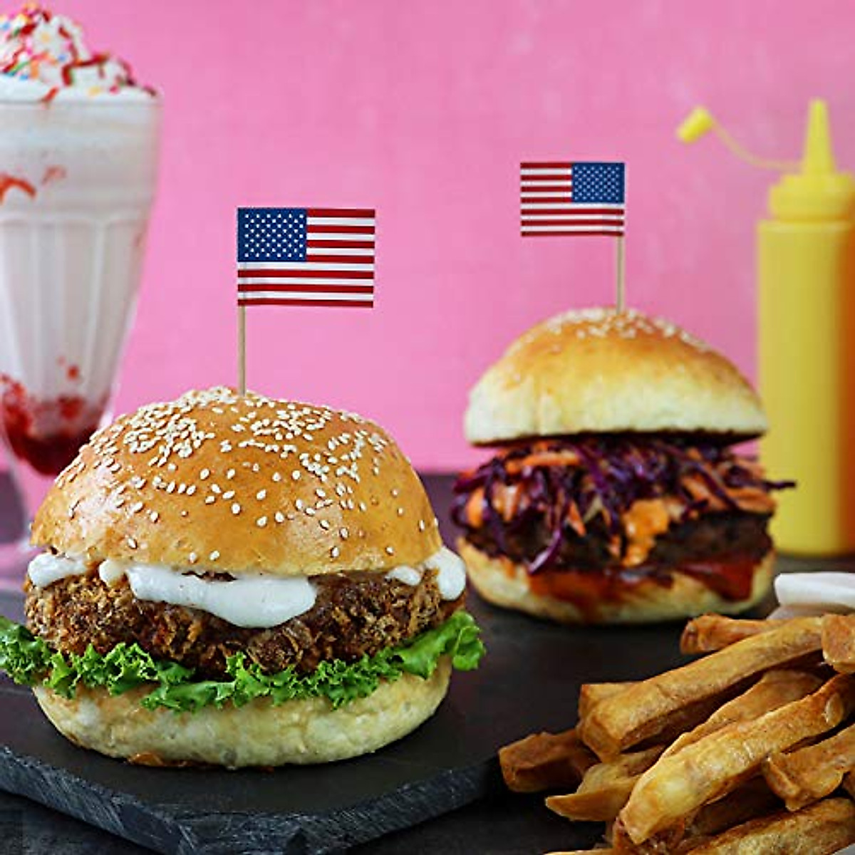 PartyWoo, 100 Counts Wooden Toothpicks for Appetizers, Skewers, Cocktail Sticks, Food Pick, BBQ, Memorial Day Decorations Flag, 2.5 inch, American Flag-1172