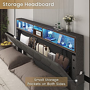 ADORNEVE Queen Bed Frame with LED Lights Headboard, Platform Bed Frame with Outlets and USB Ports, LED Bed Frame with Storage, Diamond Stitched Button Tufted Design, Easy Assembly, Dark Grey