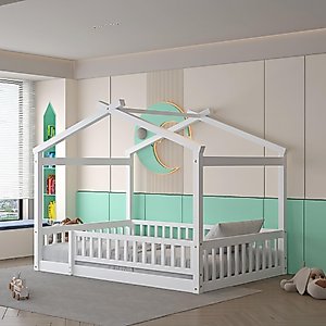 Harper & Bright Designs Full House Bed with Rails,Full Floor Bed for Kids,Full Size Montessori Bed Frame with Support Slats,Wooden Kids Full Playhouse Beds for Boys Girls(White)