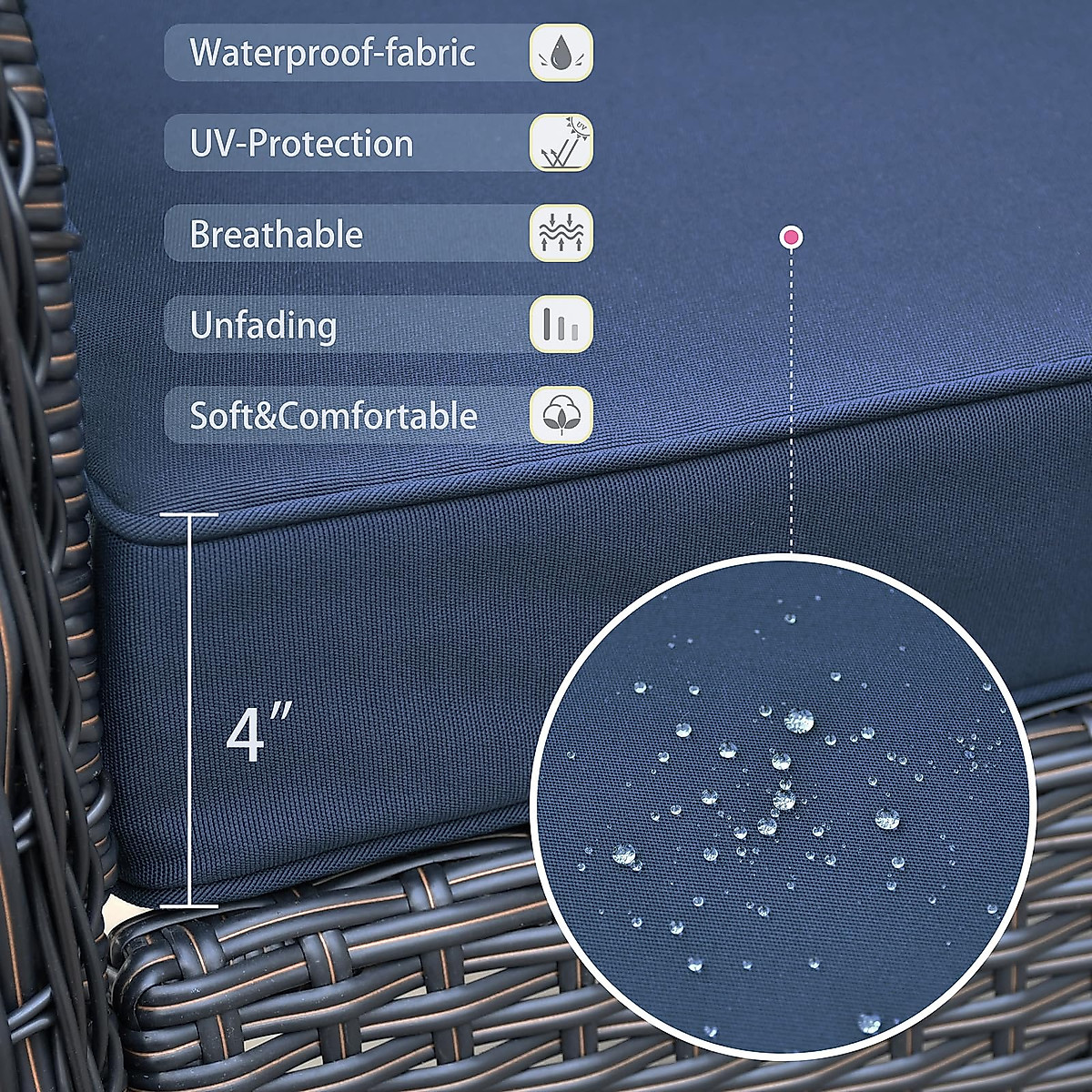 Set of 2 Wicker Ottomans, Outdoor Wicker Footstool with Soft Zippered Cushions, 3-in-1 Function Footrest Seat & Side Table for Patio, Backyard, Balcony, Poolside (Navy Blue)