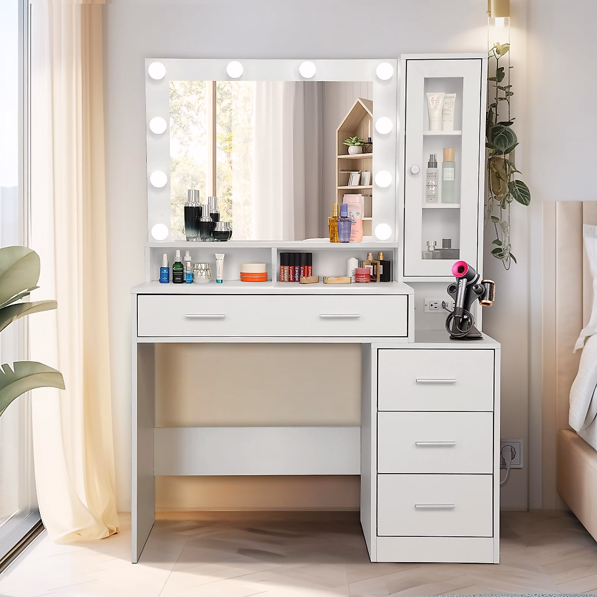 Vanity Desk with Mirror and Lights - White Vanity Table with Power Strip, 4 Drawers and Display Cabinet, 39.5'' Bedroom Makeup Desk with Nightstand and Tabletop Shelf, Brightness Adjustable