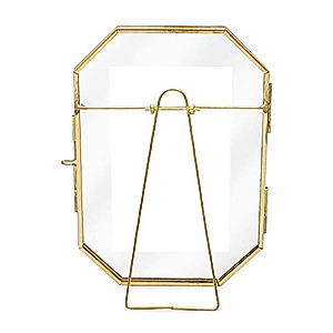 Isaac Jacobs 4x6 Vintage Style Octagon Brass & Glass, Metal Floating Picture Frame with Locket Closure (Vertical), Made for Tabletop Display, (Fits up to a cutout 4” x 6” - See images for other sizes)
