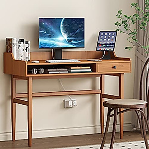 ukorua Mid Century Small Study Desk with Drawer/ 43" Cherry Desk/Modern Wood Walnut Desk/for Writing Home Computer Office with Open Storage Cubby/Vanity Desk for Small Space