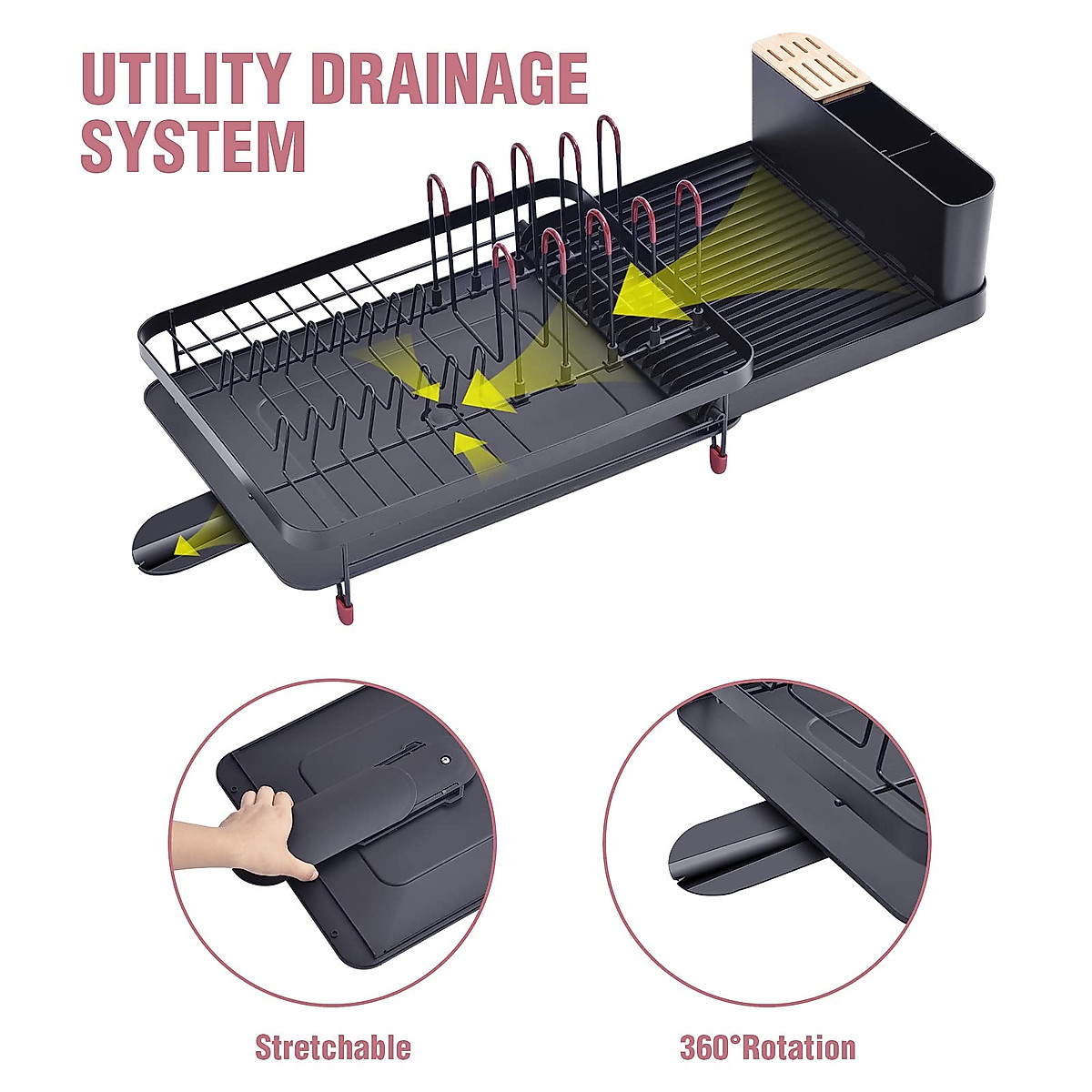 TOOLF Expandable Dish Drying Rack, Large Capacity Dish Drainer with Drainboard, Dish Rack for Kitchen, Anti-Rust Plate Rack with Glass Holder and Utensil Holder.
