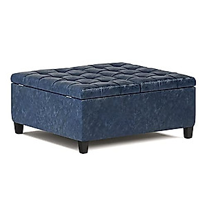 SIMPLIHOME Harrison 36 inch Wide Transitional Square Coffee Table Storage Ottoman in Denim Blue Vegan Faux Leather, Assembled, For the Living Room and Bedroom