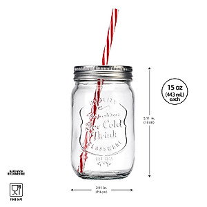 Glaver's Mason Drinking Jars – Set of 6 Ice Cold Drinking Glass Jar with Lid – 15 Oz Clear Glass Mugs. For Home, Dinner, Drinks, Juice, Cocktails, Lemonade.