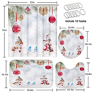 Emvency 4Pcs Christmas Snowman Shower Curtain Sets with Non-Slip Rugs Toilet Lid Cover and Bath Mat,Celebration Theme Xmas Balls Pendant Waterproof Curtain for Shower Window Decor 72" x 72"