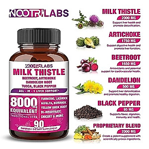 All-in-1 8000mg Highest Potency Milk Thistle NAC BeetRoot Artichoke Dandelion Root - Liver Health Support, Cleanse Detox & Repair, Antioxidant, Plus TUDCA Choline and Ginger - 90 Vegan Capsules
