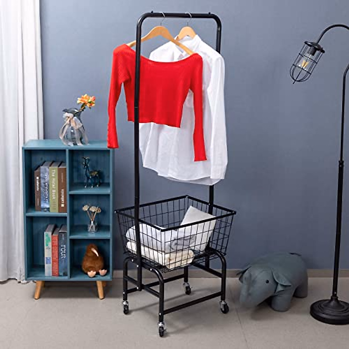ALIMORDEN Laundry Cart with Clothes Rack, Rolling Laundry Butler with Wire Storage Rack，Black