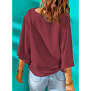 Dokotoo Spring Summer Short Sleeve Wrap Draped Front Tops for Women Work Casual Sexy V Neck Ladies Chiffon Shirts for Women Trendy 2025 Cute Floral Print Blouses for Women Business Casaul,Red,Small