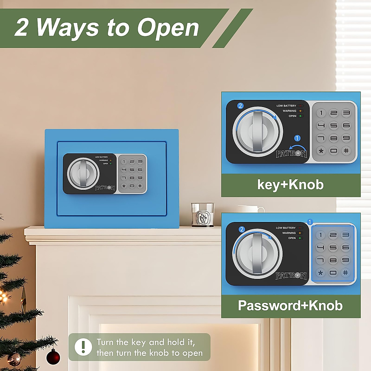 PATRON small safe box with key，mini safe for money，small coin safes for home with code，little jewelry lock box for kids，Wall or Cabinet Safe for personal items，0.236 Cubic Feet Blue