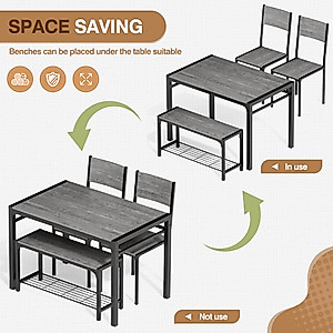 Furmax Dining Table Set for 4, Modern Kitchen Table Bench and Chairs Rectangular Dining Room Table Set with Storage Bench for Small Space, Apartment, Restaurant (Grey)