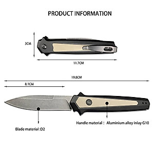 7.8in Assisted Open Button Lock Pocket Knife, Folding Knife,D2 Blade Aluminium Alloy Handle, Utility EDC Tool for Men Women Gift (Black handle)