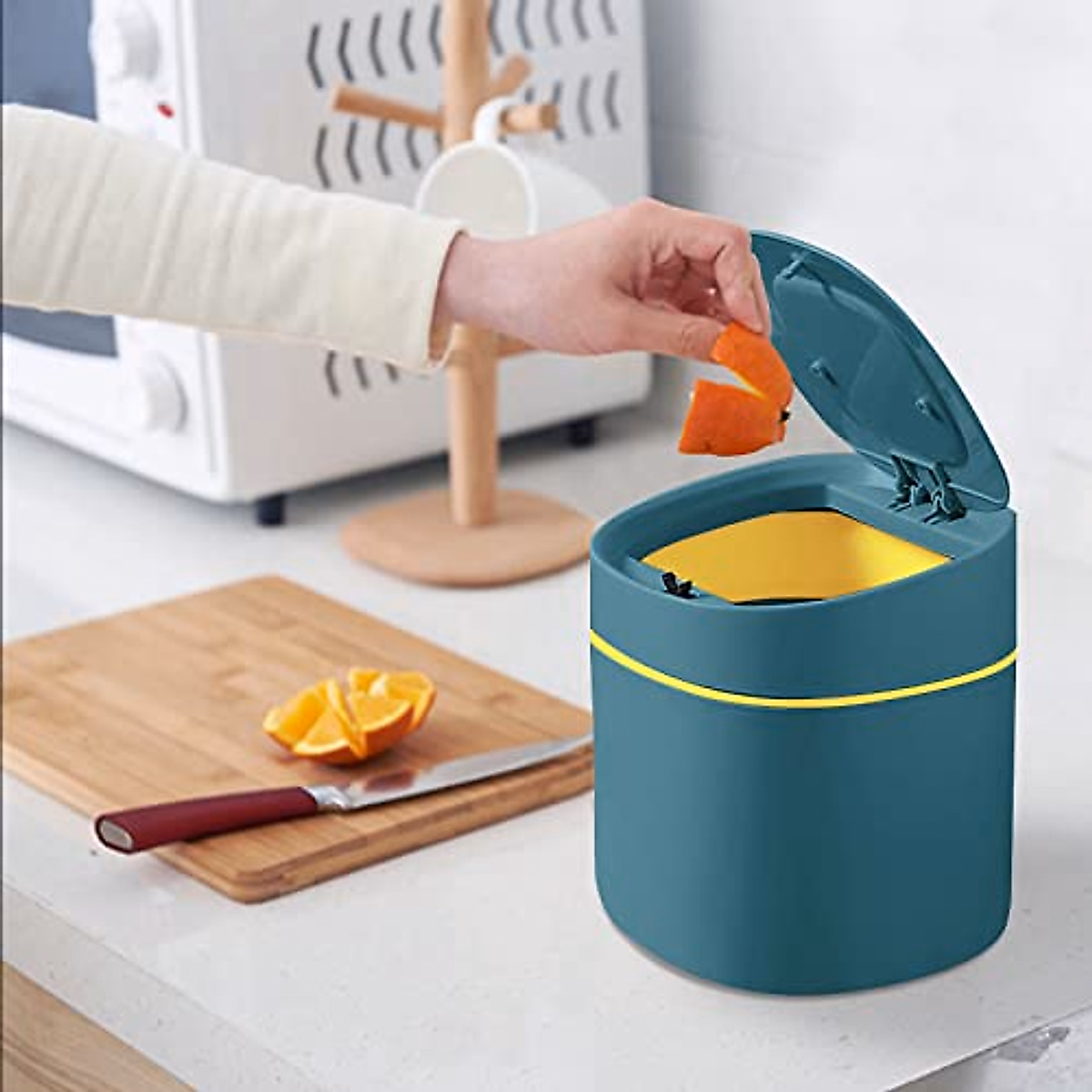 Mini Trash Can with Pop Up Lid Small Wastebasket with 2 Rolls of Trash Bags, Tiny Desktop Waste Garbage Bin for Home, Office, Kitchen, Vanity Tabletop, Bedroom, Bathroom(Blue)