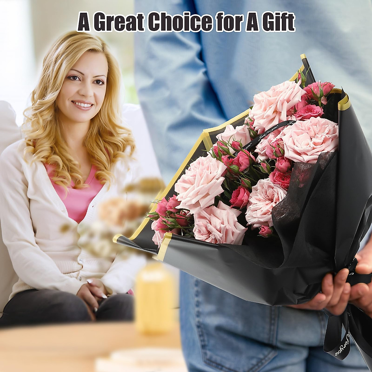 Vutim Flower Wrapping Paper, 25PCS Black Wrapping Paper, Gold Edge Waterproof Bouquet Paper, Flower Gift Wrapping Paper for Flower Shop, Wedding, Birthday Party, Handmade DIY, Anniversary