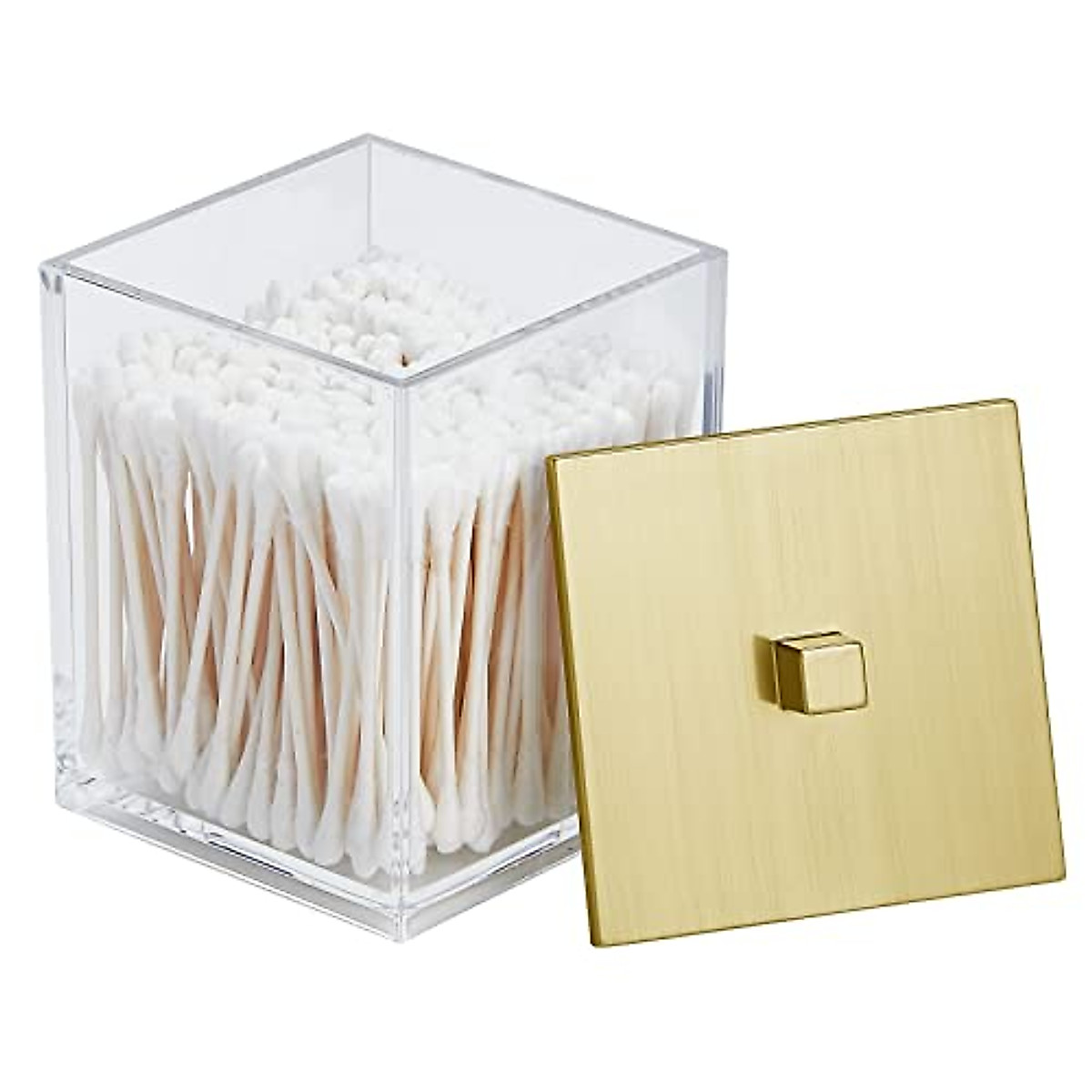 mDesign Modern Square Bathroom Vanity Countertop Storage Organizer Canister Jar for Cotton Swabs, Rounds, Balls, Makeup Sponges, Bath Salts - Clear/Soft Brass