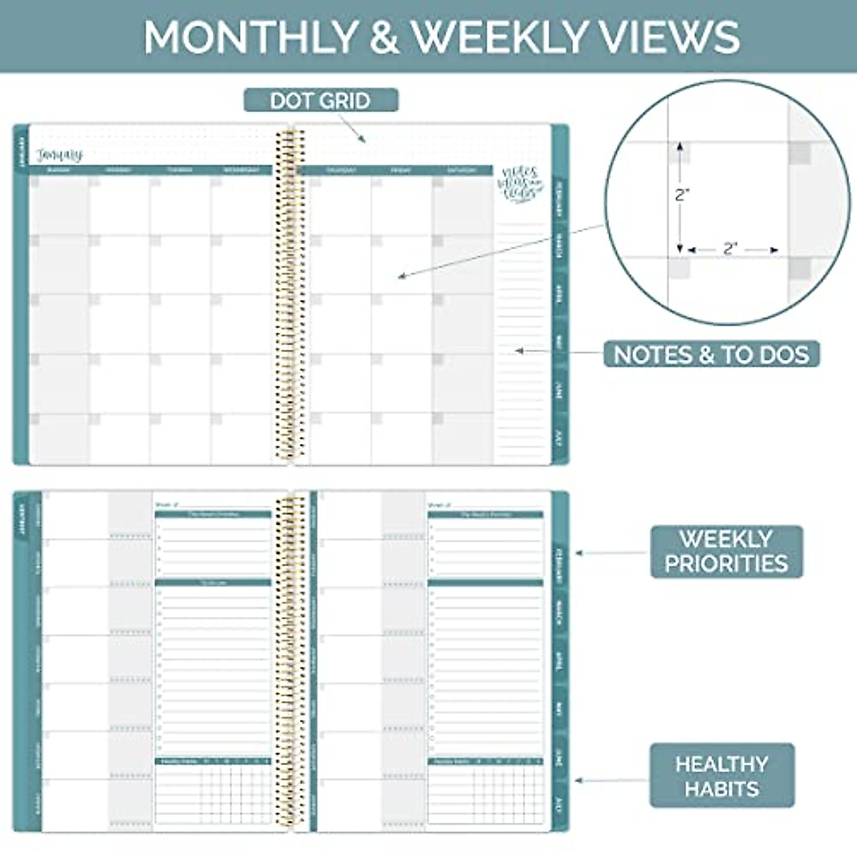 bloom daily planners All in One Ultimate Monthly & Weekly Undated Calendar Planner, Notebook, Sketch Book, Grid Pages, Coloring Book and More! 9" x 11" - Interchangeable Cover
