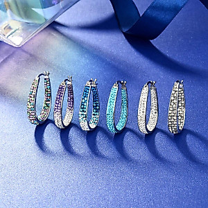 Crystal Hoop Earrings - Silver Plated Inside Out Oval Shape Hoop Earrings for Women, 1.2 Inch (Multiple B)
