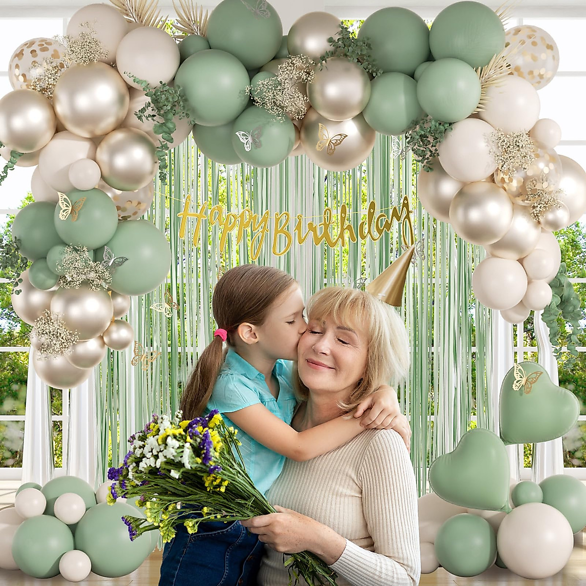 Sage Green Birthday Party Decorations with Happy Birthday Banner Green Fringe Curtain Butterfly Decorations Foil Balloons Happy Birthday Decorations for Women Adults