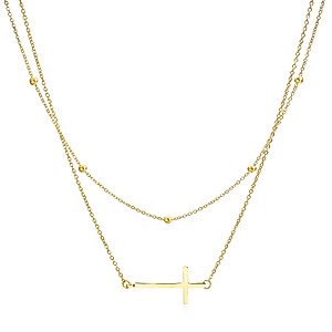 ELBLUVF Stainless Steel Gold Rose Gold Silver Plated Dainty Beads Sideways Cross Double Layers Necklace For Women (Gold 2 layers cross)